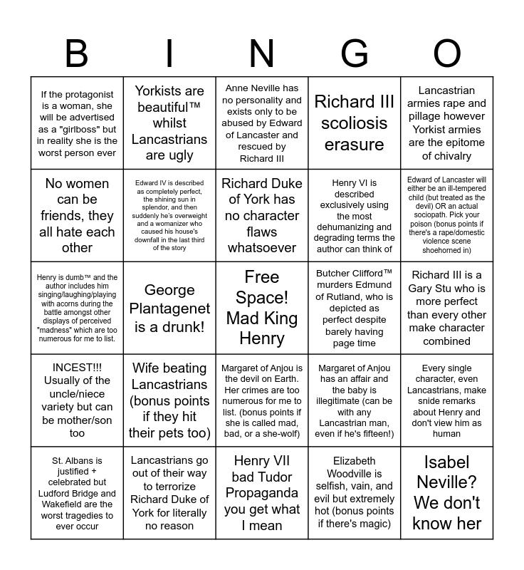Wars of the Roses Historical Fiction Bingo Card