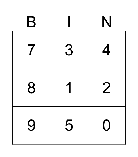 Numbers Bingo Card