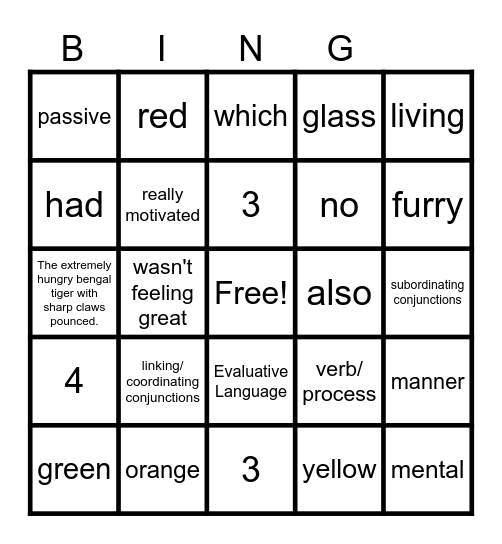 Functional Grammar Bingo Card