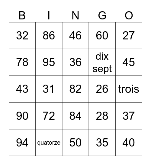 Les nombres francais Bingo Card
