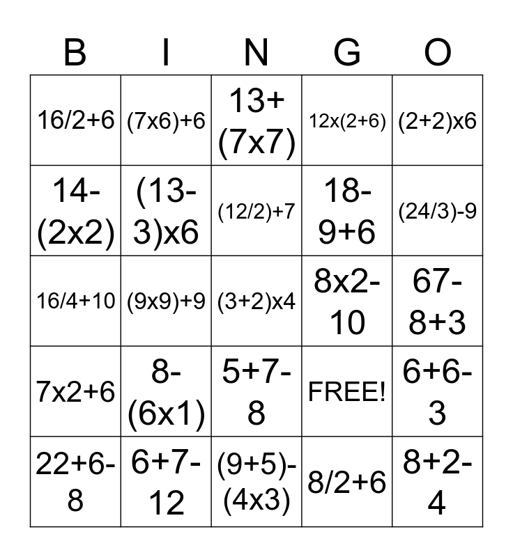 Order of Operations Bingo Card