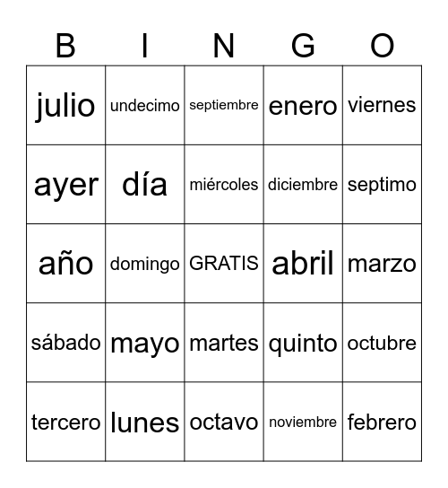 Los días de la semana y los meses del año Bingo Card