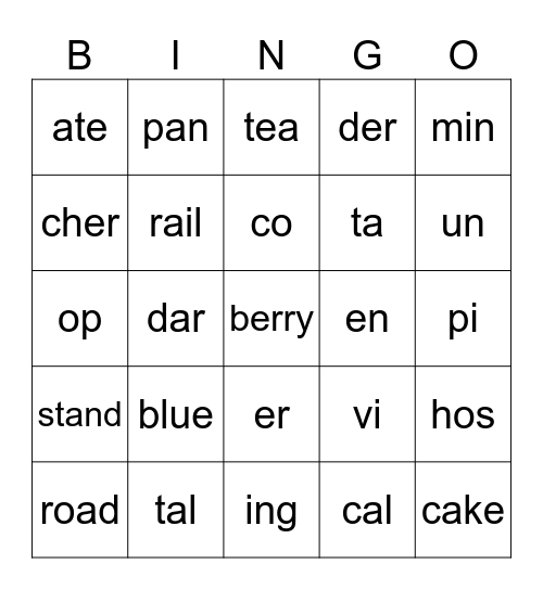 Syllables Bingo Card