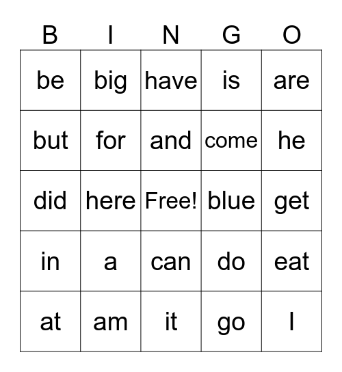 Sight Words a-c Bingo Card