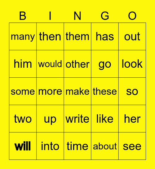YELLOW WORDS Bingo Card