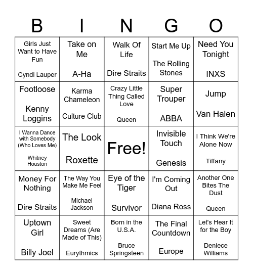 80's Bingo Party Bingo Card