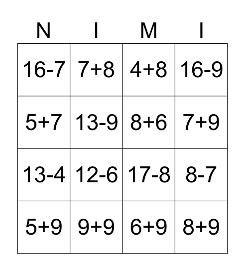 Adding and Subtracting to 20 Bingo Card