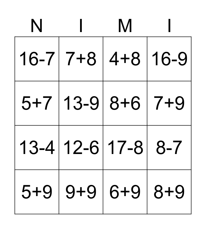Adding and Subtracting to 20 Bingo Card