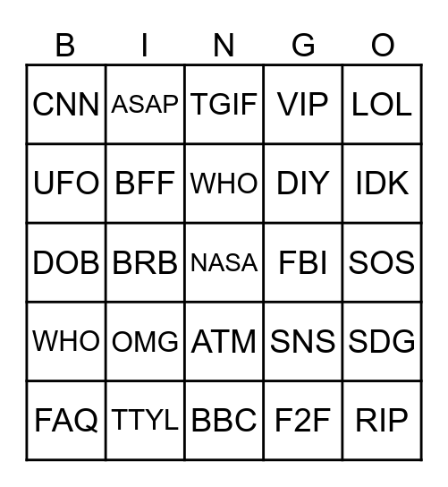 GRADE 2 ACRONYM BINGO TIME! Bingo Card