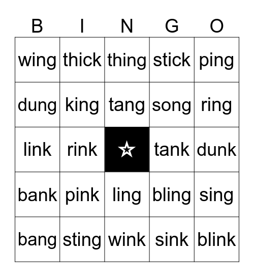 ng &nk sounds Bingo Card