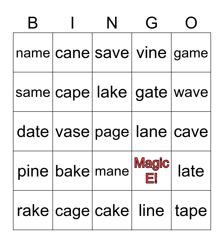 Magic E Bingo Card