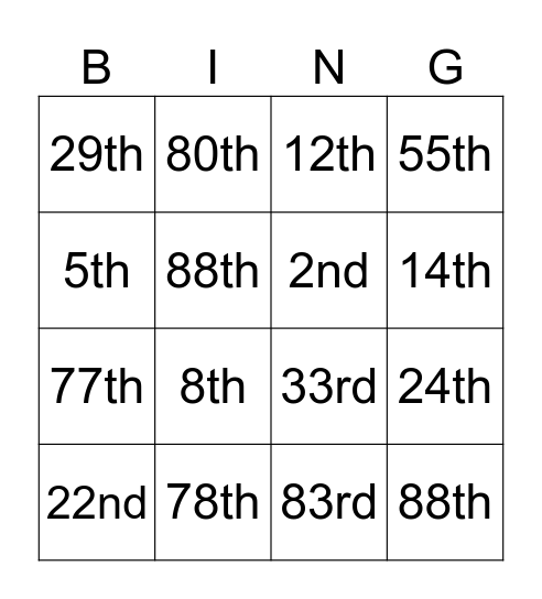 Ordinal numbers Bingo Card