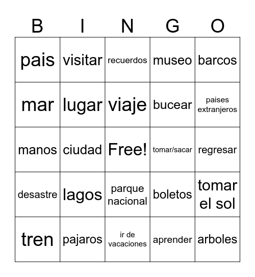 Vocabulario de Vacaciones Bingo Card