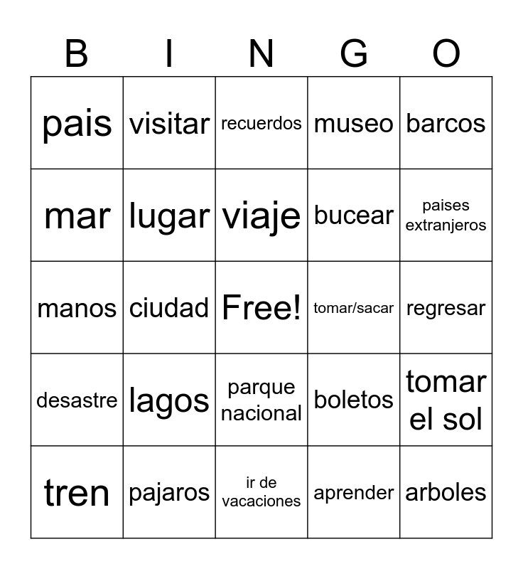 Vocabulario de Vacaciones Bingo Card