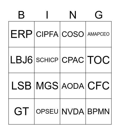 Acronym Bingo Card