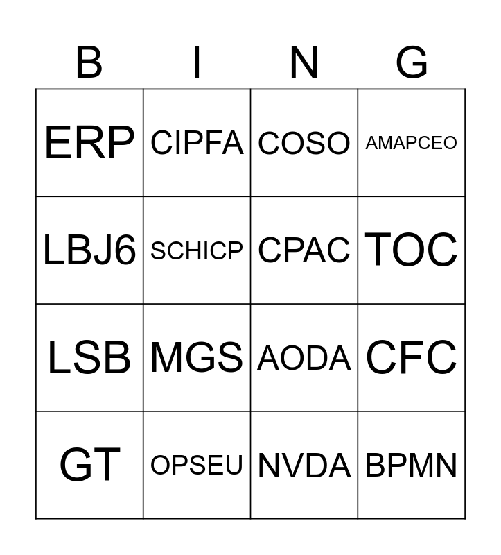 Acronym Bingo Card