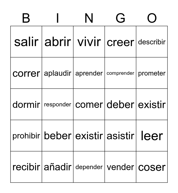 verbos -er & -ir Bingo Card