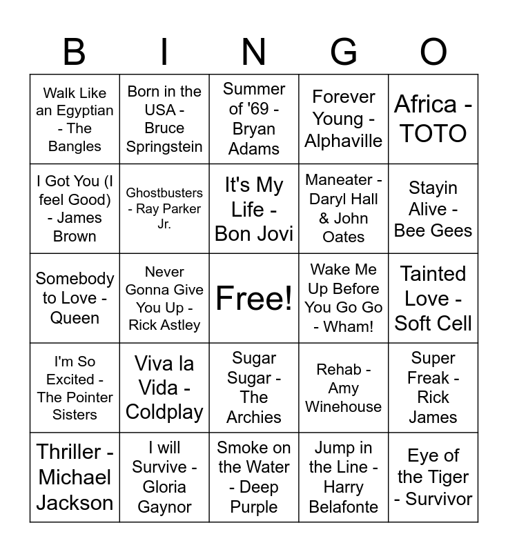 Virtual Music Bingo Card