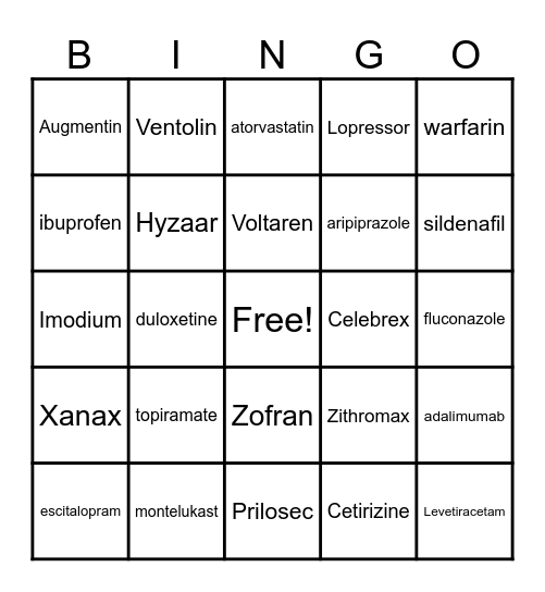 Brand and Generic Bingo Card