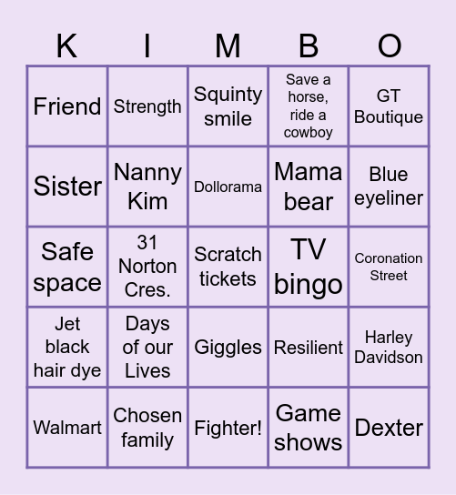 Kim Themed Bingo Card