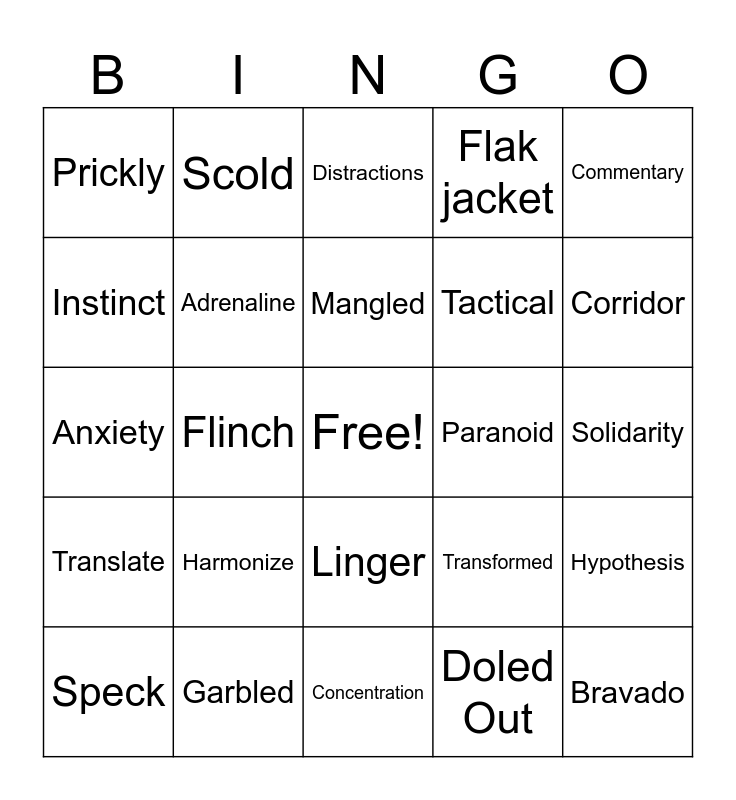 Look Both Ways Vocabulary Bingo Card