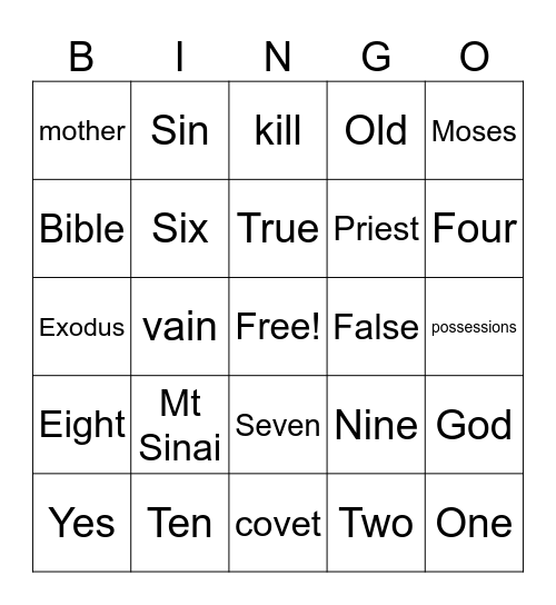 Ten Commandment Bingo Card