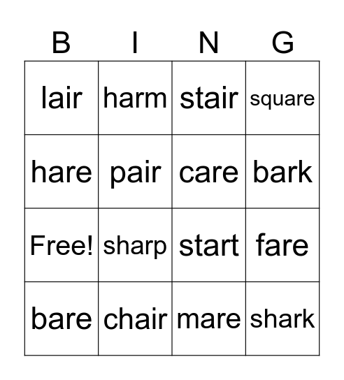ar, are, air Bingo Card