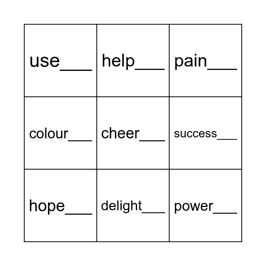 Suffix ful Bingo Card