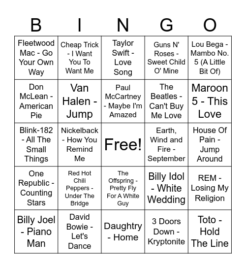 Rock And Roll Bingo Card