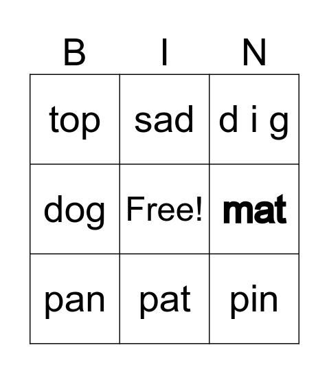 CVC words Bingo Card