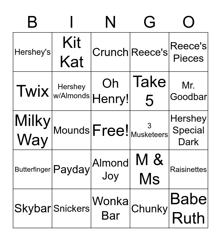 Candy Bar Bingo Card Candy Bar Bingo Card