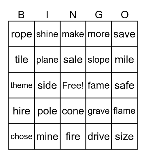 Silent e Bingo Card