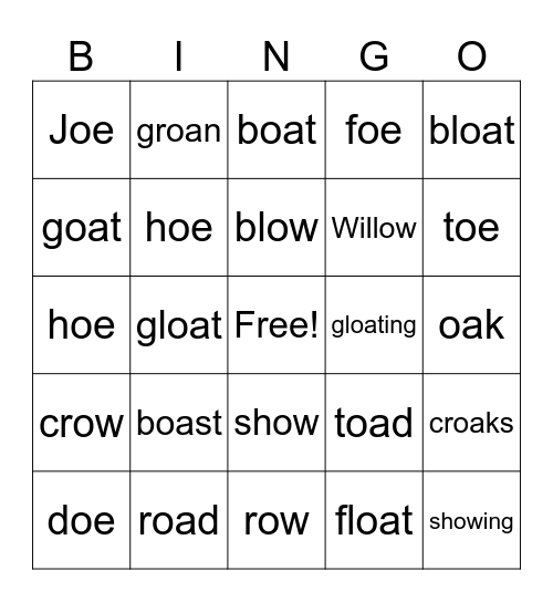 Long o Vowel Teams: oa, ow, oe Bingo Card