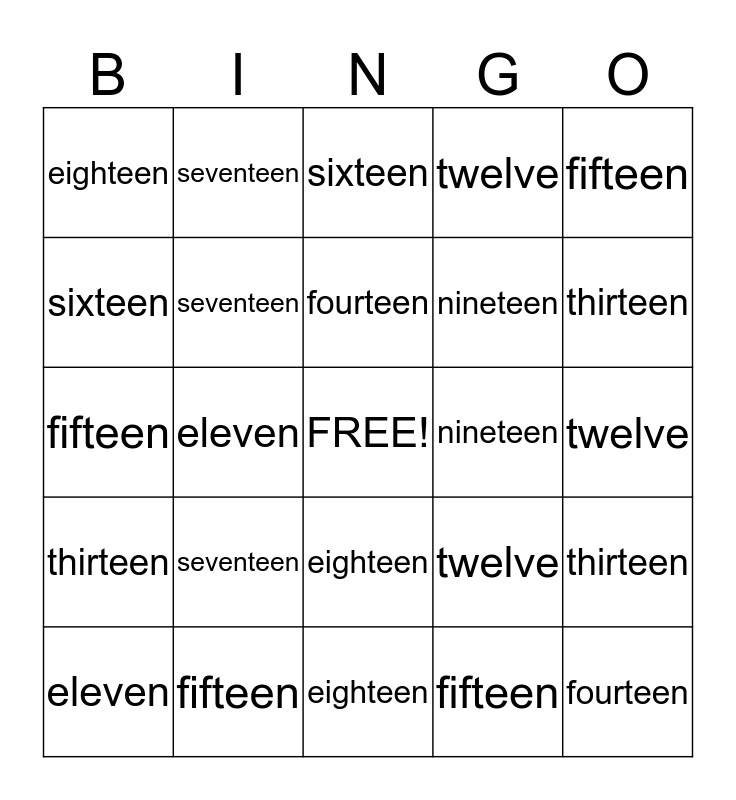 Number Words BINGO (11 - 19) Bingo Card