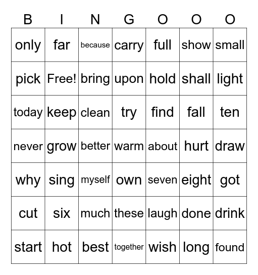 Sight Word Bingo Card