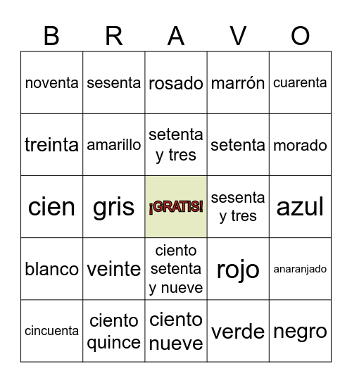 U3.D3-4 Colores y Números Bingo Card