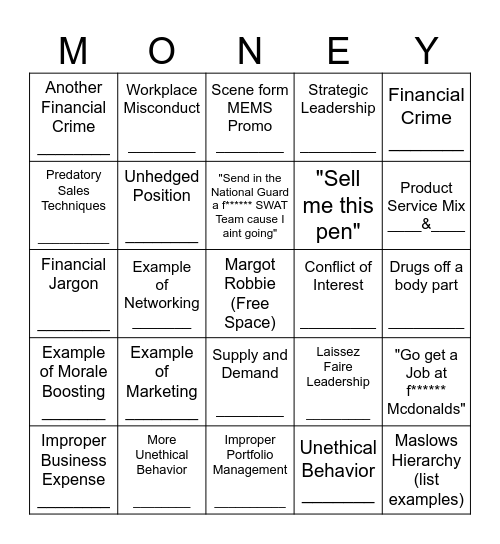 Wolf Of Wallstreet BINGO Card