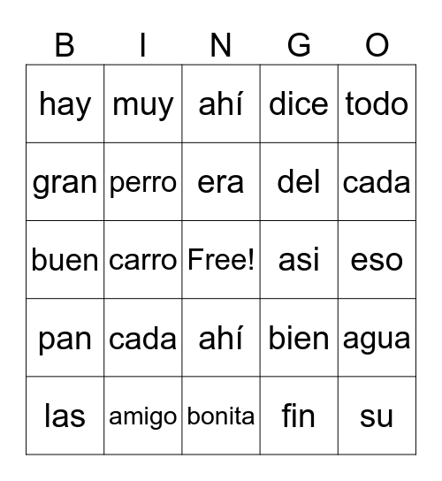 Spanish Sight Words Bingo Card