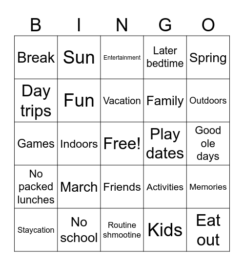 March Break BINGO Card