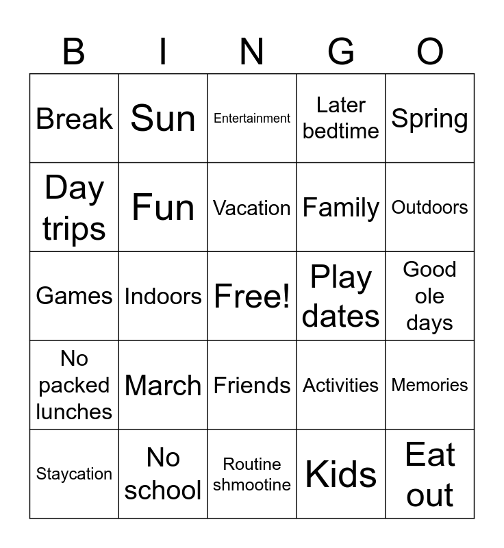 March Break BINGO Card