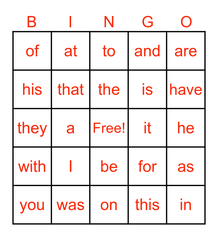 Red Word Bingo Card
