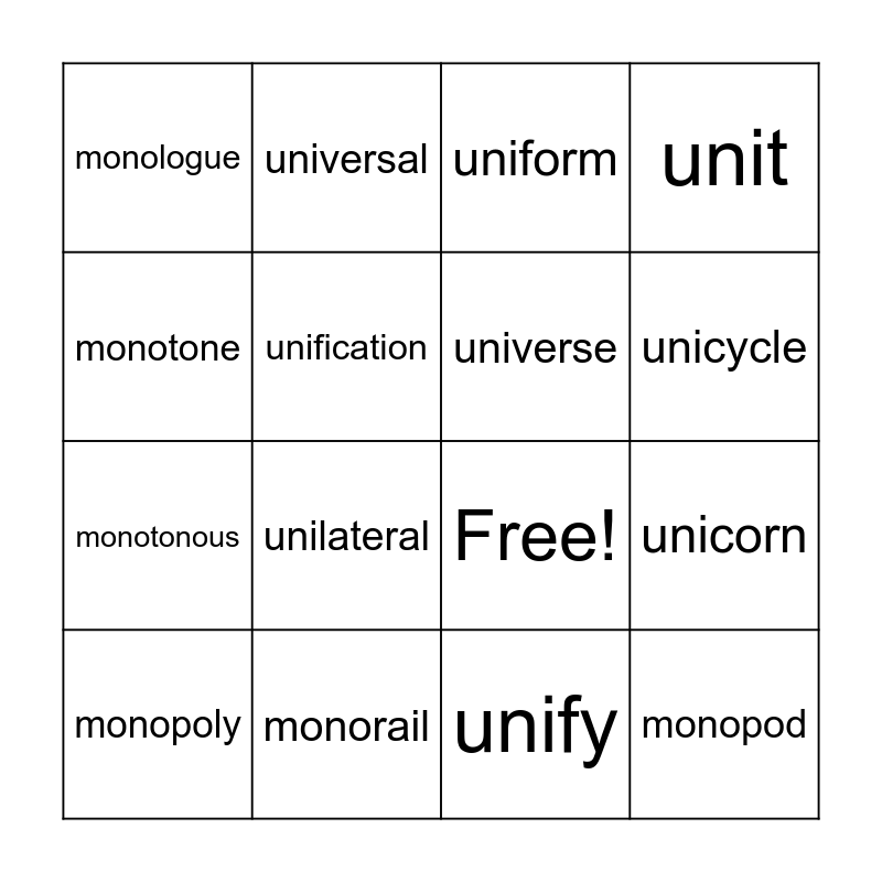 Uni - Mono- Bingo Card