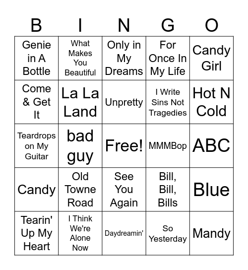 When They Were Young Bingo Card