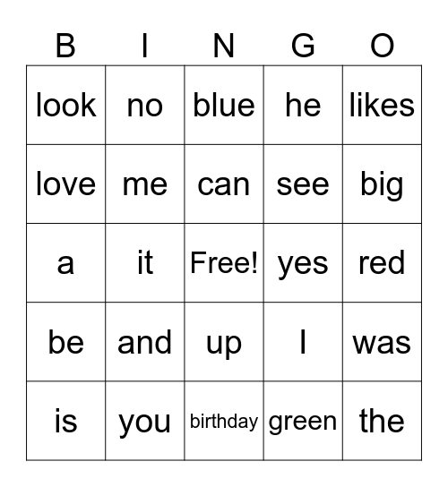 Sight Words Bingo Card