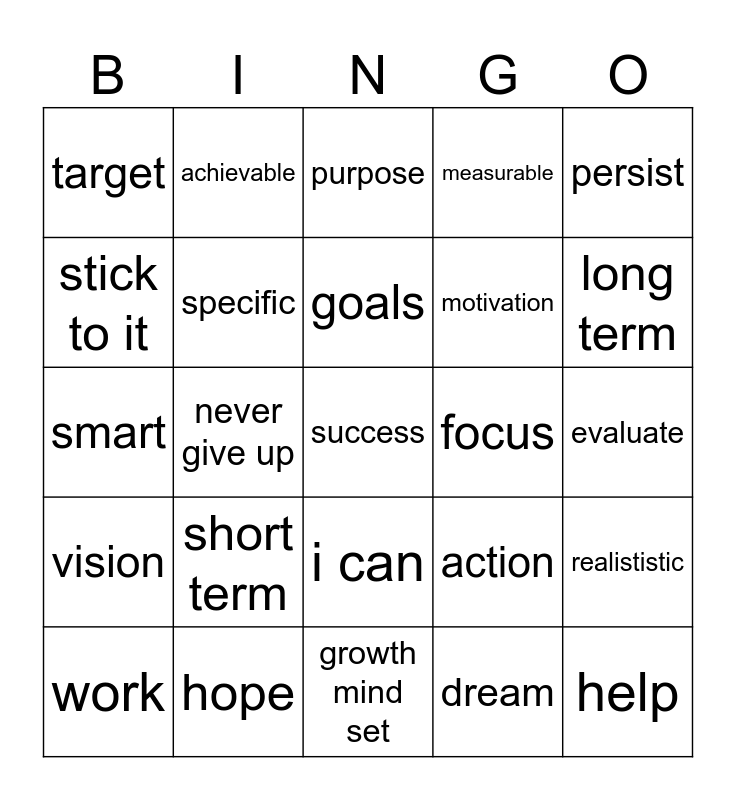 goal setting bingo Card