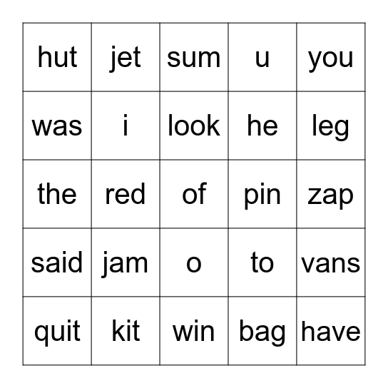 UFLI Bingo Card