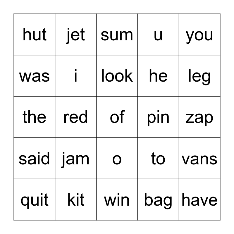 UFLI Bingo Card