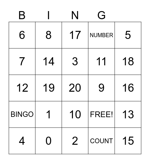 Counting from 0-20 BINGO Card