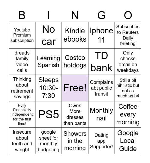 Tina 27 y/o Bingo Card