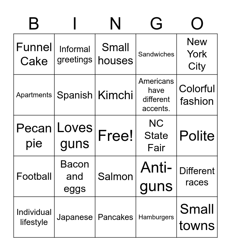 American Culture Bingo Card